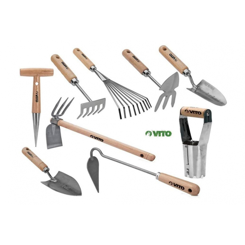 Kit 9 outils de jardin Manche bois VITOGARDEN Inox et Fer forgés à la ...